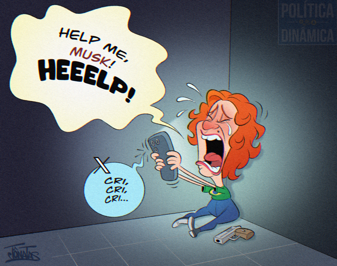 CARLA ZAMBELLI PEDE AJUDA A ELON MUSK - Jônatas Charges - Política Dinâmica